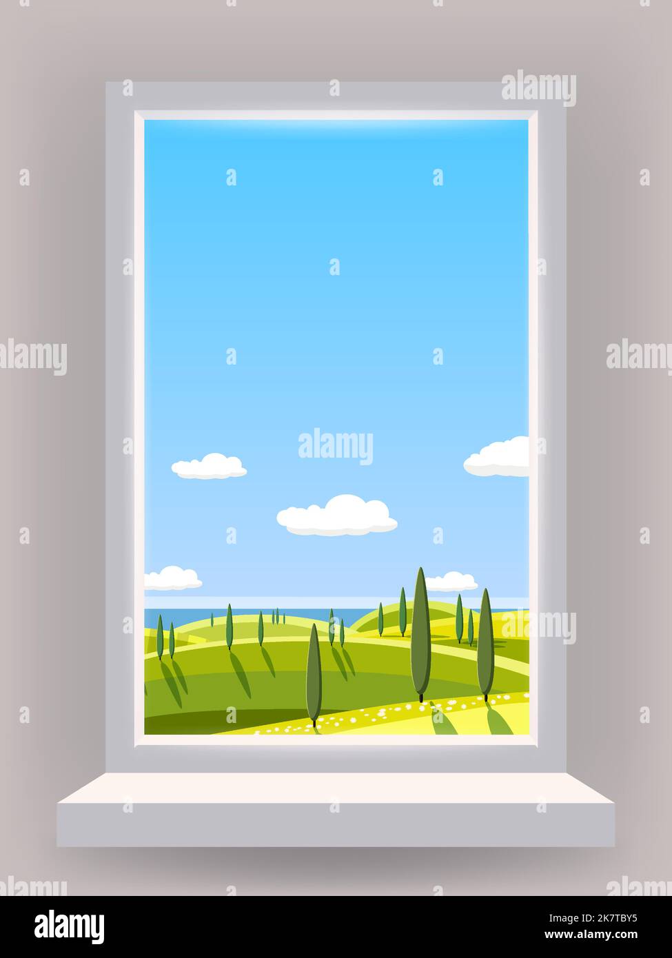 Window view interior, rural landscape, country nature Stock Vector ...