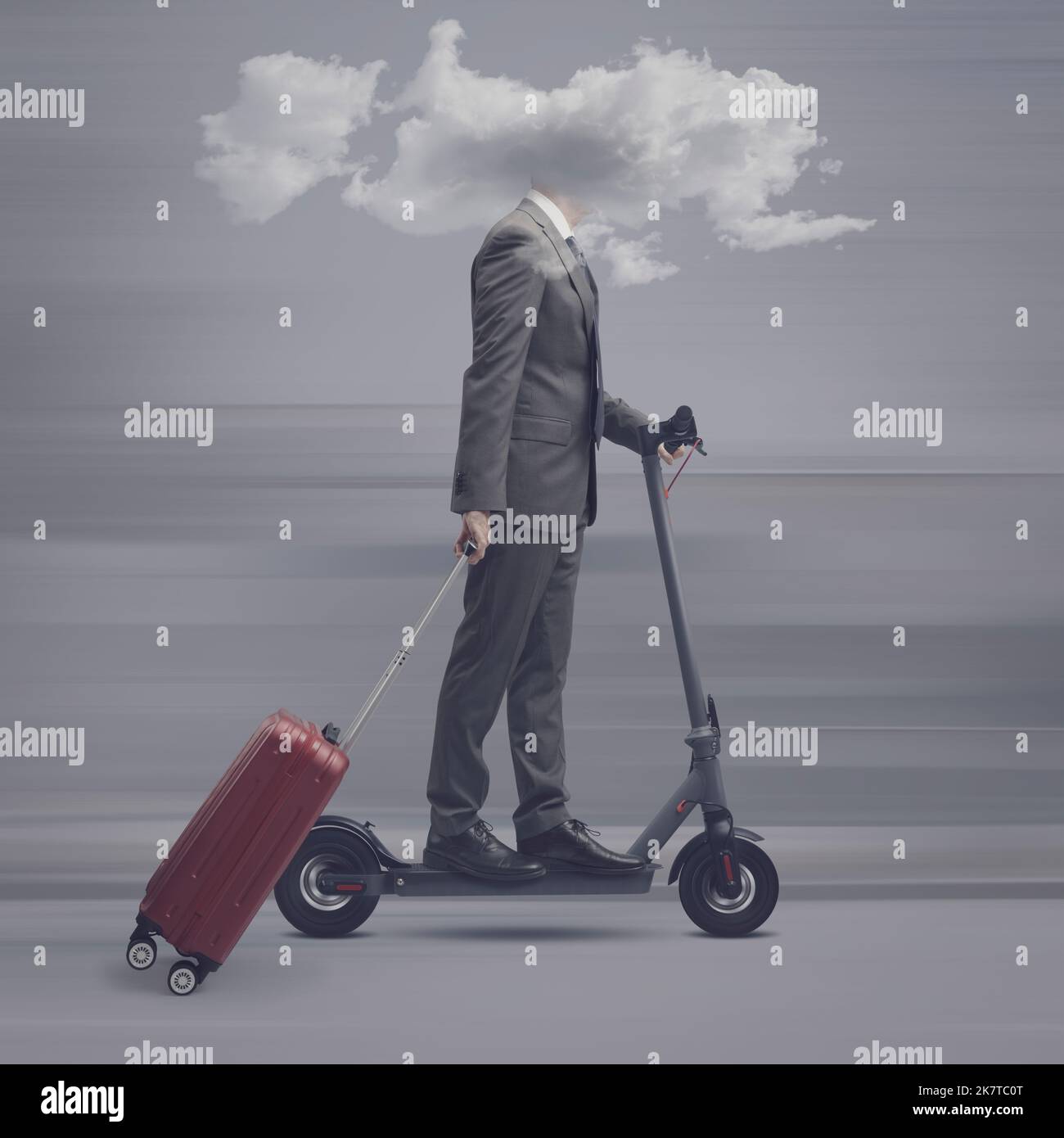 Traveler businessman riding an electric scooter with his head in a ...