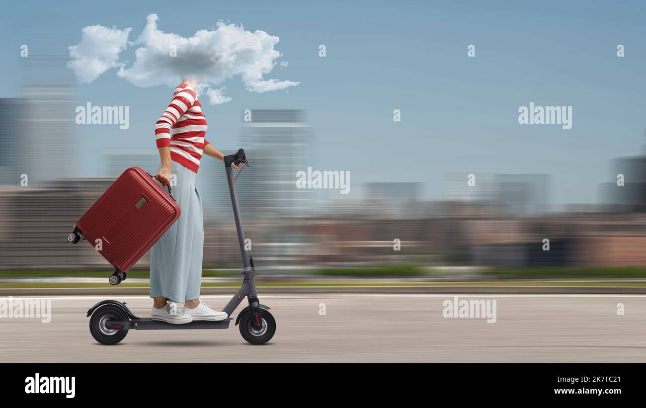 Distracted woman with head in a cloud riding an electric scooter ...