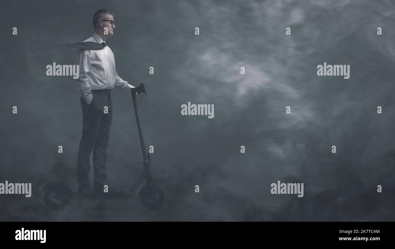 Businessman riding an electric scooter in a post-apocalyptic polluted ...