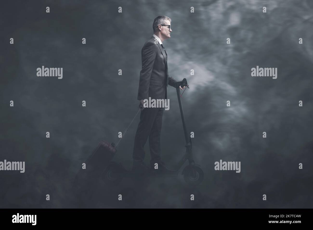 Businessman riding an electric scooter in a post-apocalyptic polluted ...