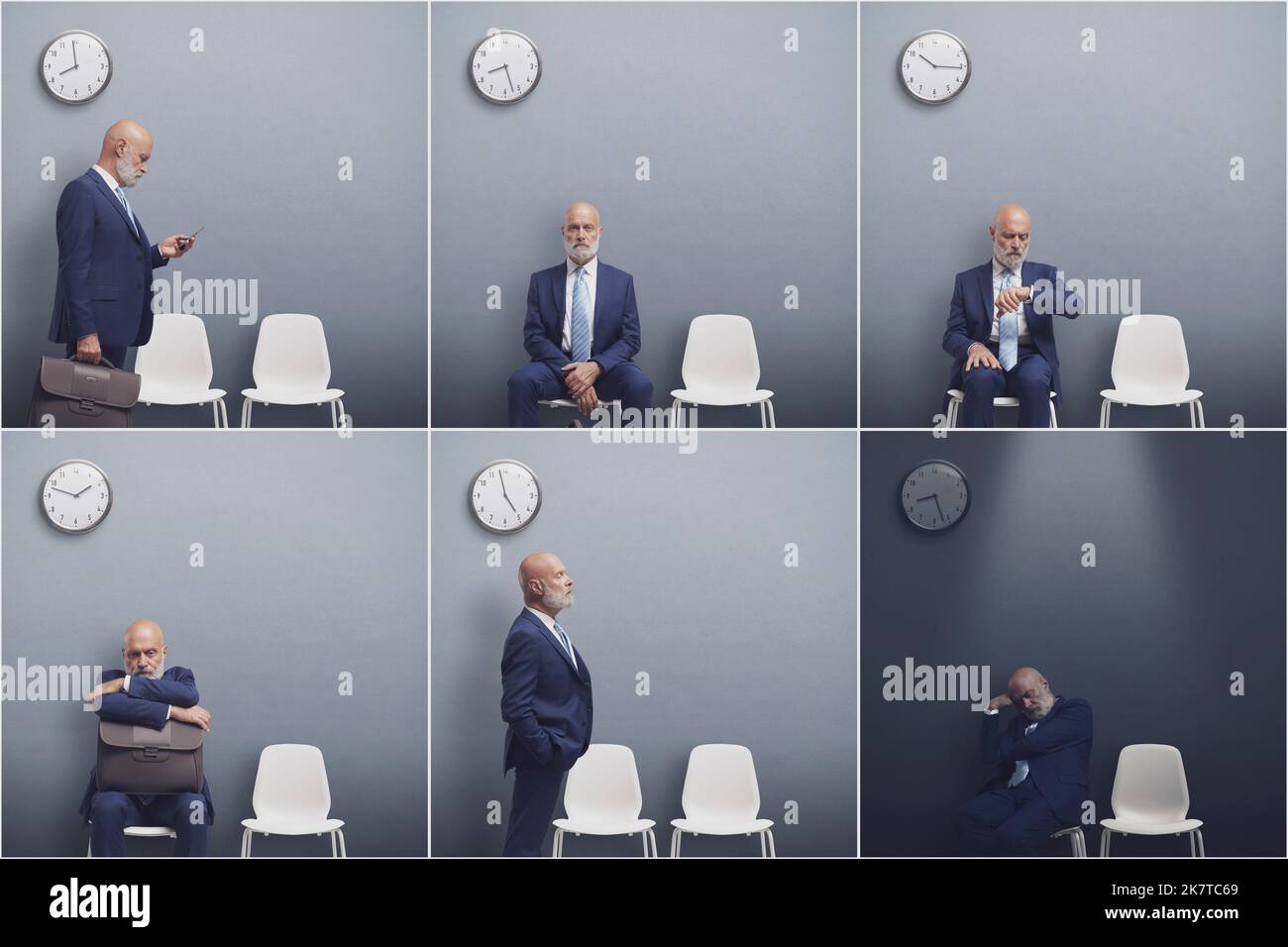 Bored businessman sitting in the waiting room, he waits for many hours ...