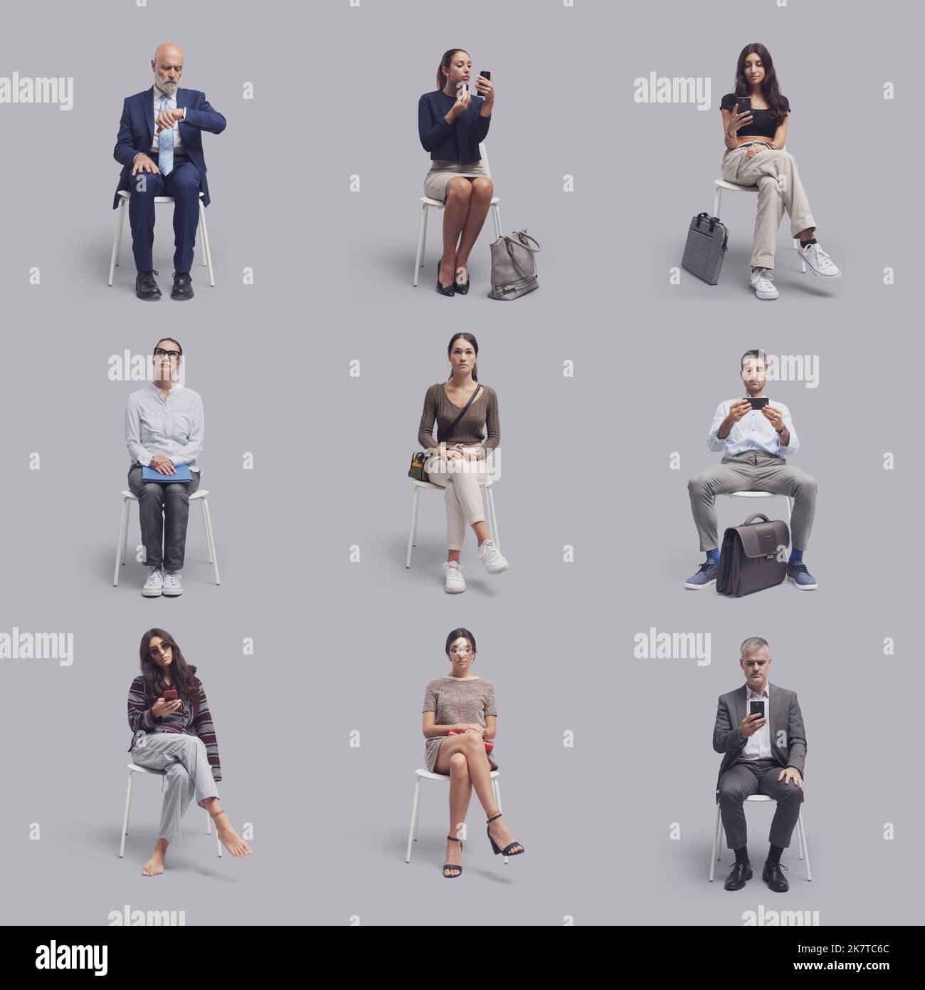 Diverse people sitting on a chair and waiting for a job interview or a ...