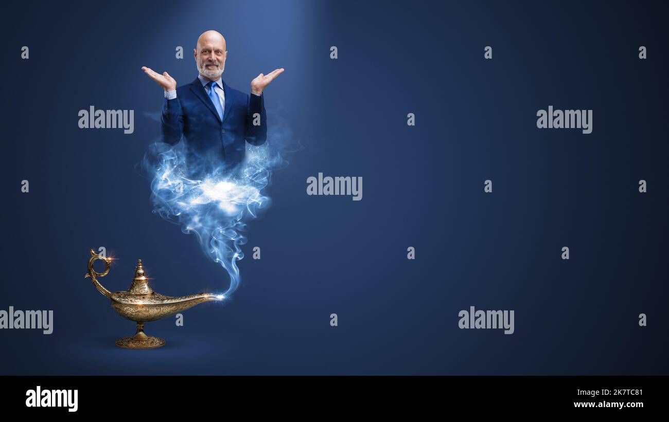Businessman genie coming out from the lamp and smiling, blank copy ...