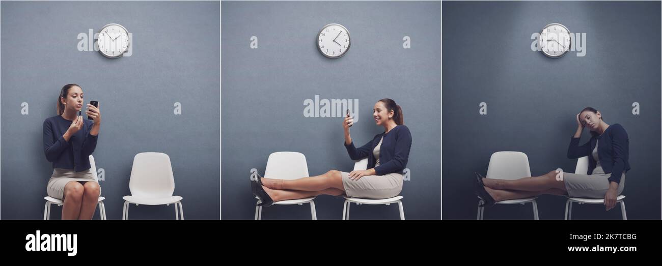 Young businesswoman waiting for hours in the waiting room, her job ...