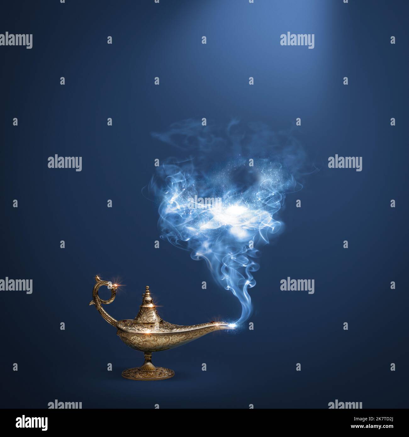 Precious golden magic lamp with smoke on blue background, fairy tales ...