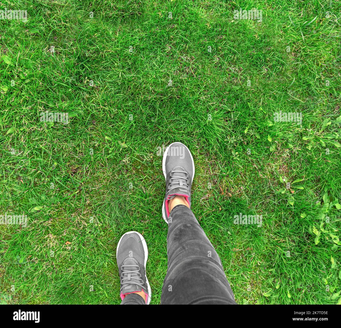 Feet in sneakers walk on the grass Stock Photo - Alamy