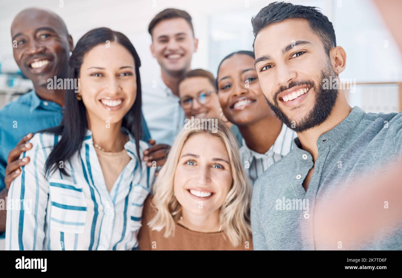 Selfie, smile and employees working at a corporate company together in ...