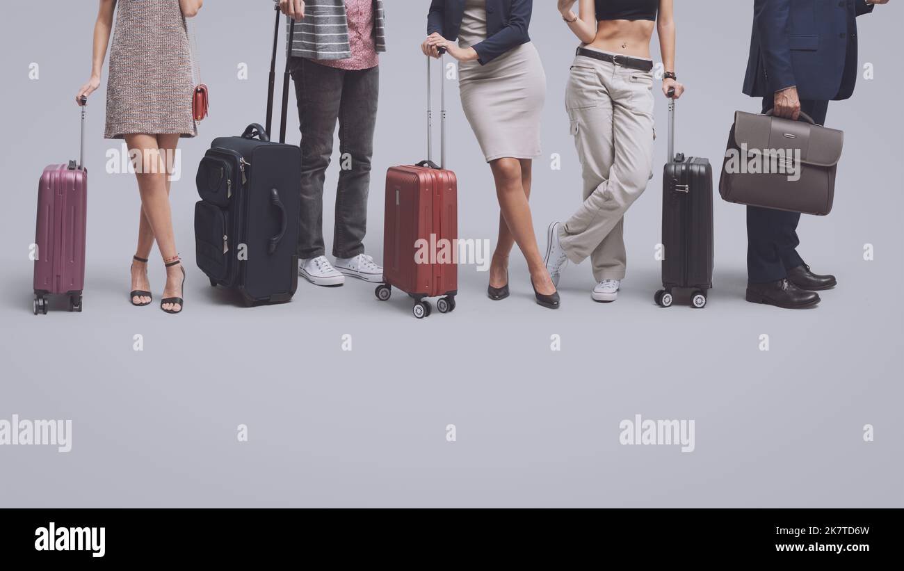 Traveling people with trolley bags standing in line, blank copy space ...