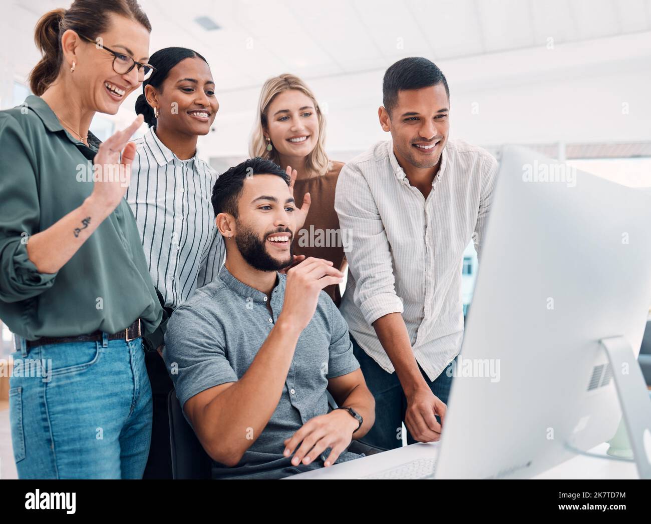 Video call, business people in international meeting for company networking, staff update or ...