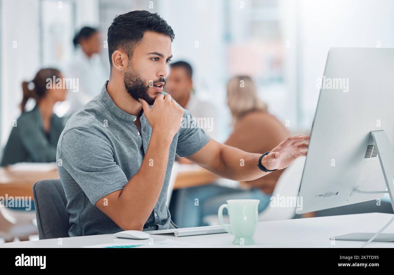 Startup, office and man at desk with computer working on creative ...
