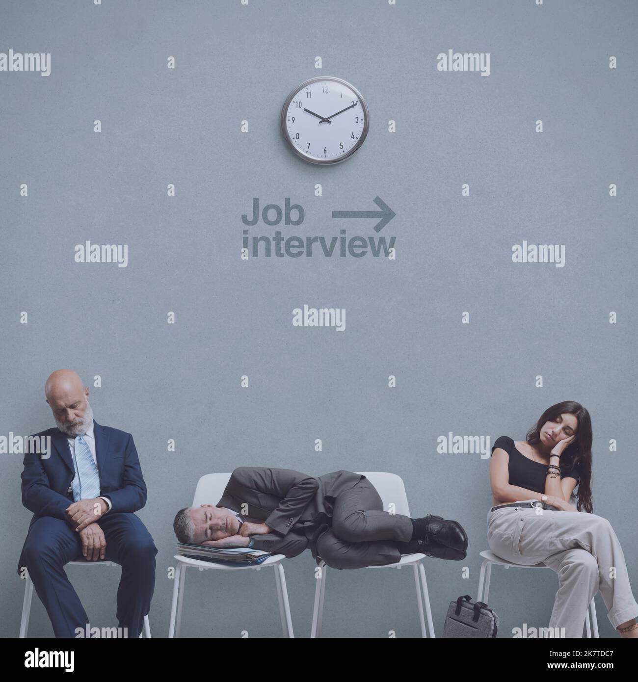 Exhausted candidates waiting for a job interview, they are sitting in ...