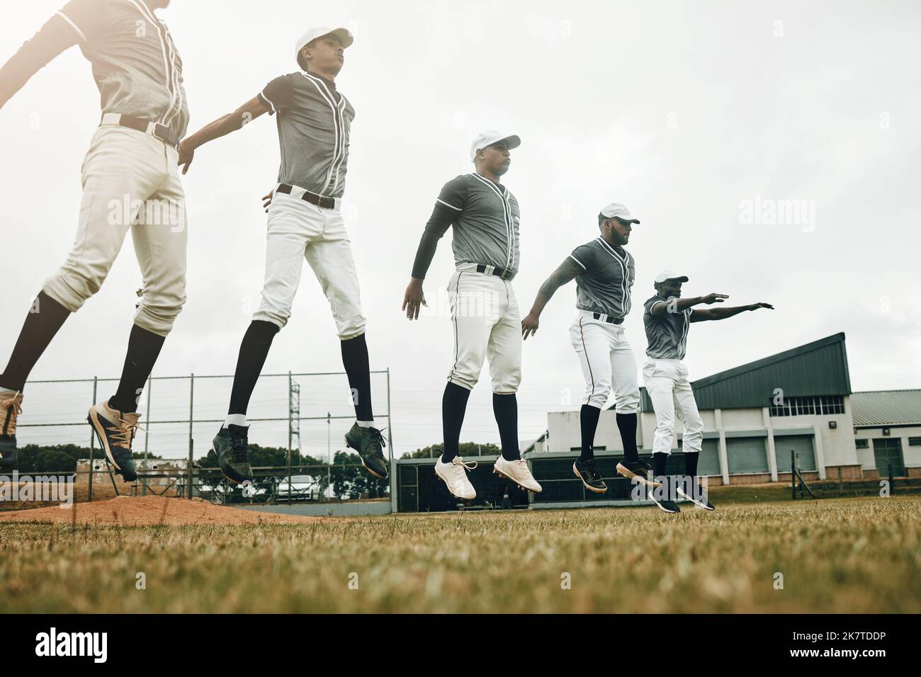 Baseball, training and exercise with a sport team preparing for a game ...