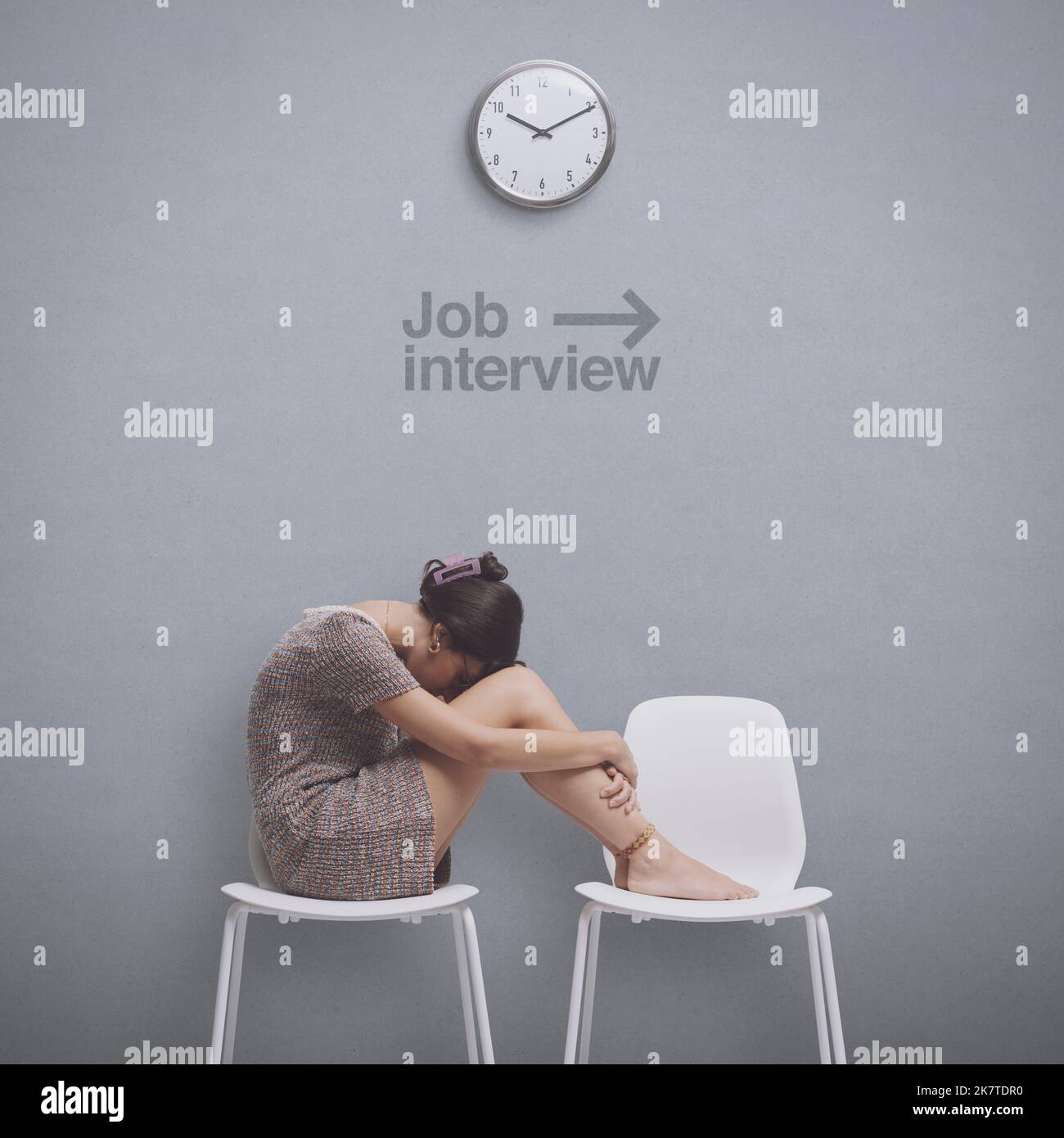 Exhausted young woman lying on chairs in the waiting room, she is ...