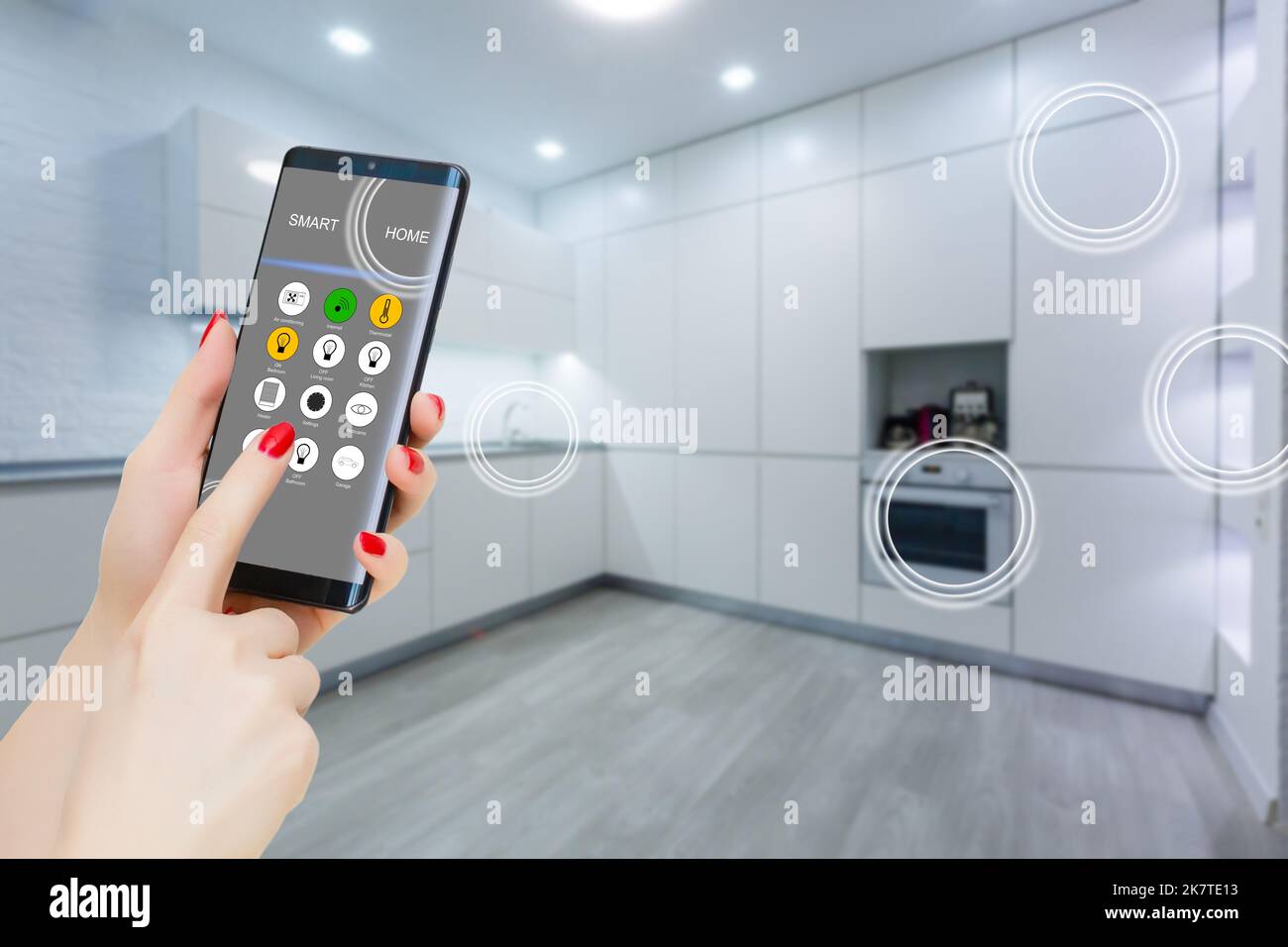 Smart home technology interface on smartphone app screen with augmented reality (AR) view of ...