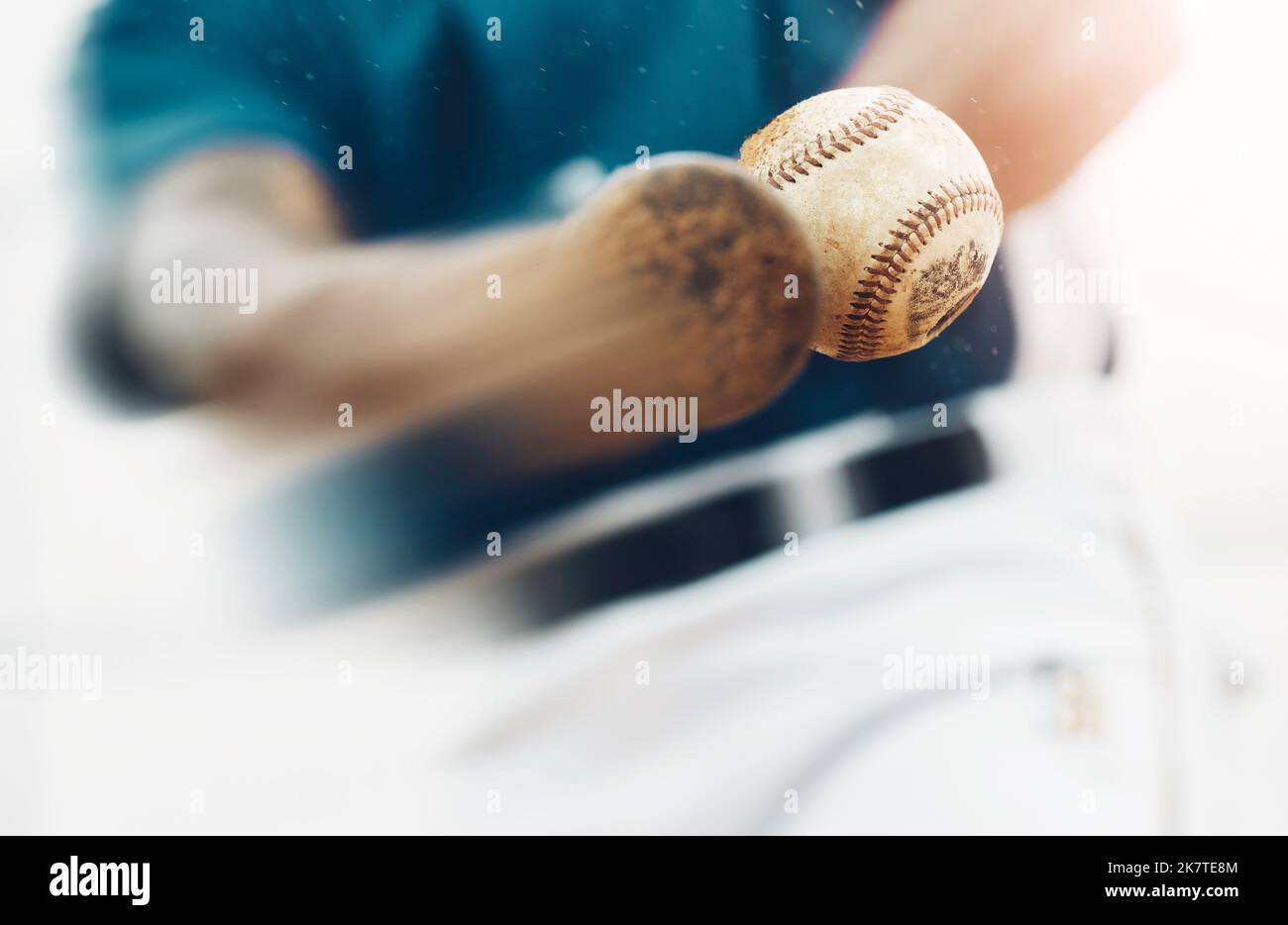 Baseball, sports and training where a bat hit a ball closeup for ...