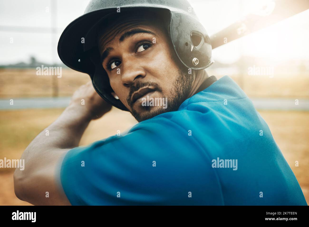 Baseball, black man and a portrait of player ready to hit ball with bat ...
