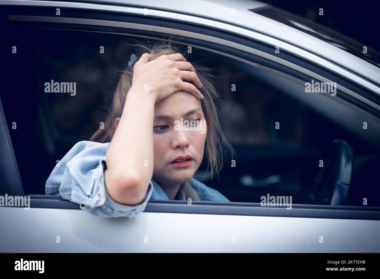 woman driver shock sad unconcious from accident. lady drive with head ...