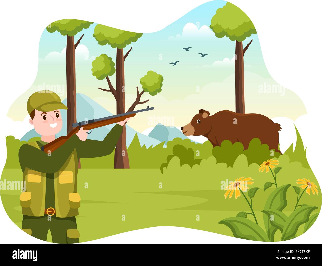 Hunter with Hunting Rifle or Weapon Shooting to Birds or Animals in the ...