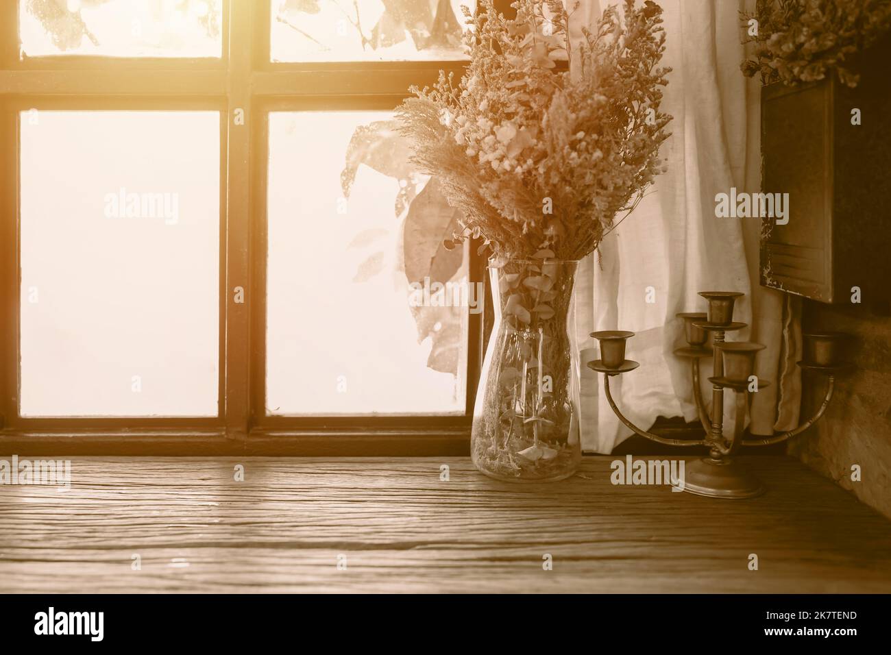 vintage retro style window with old wooden table space interior ...