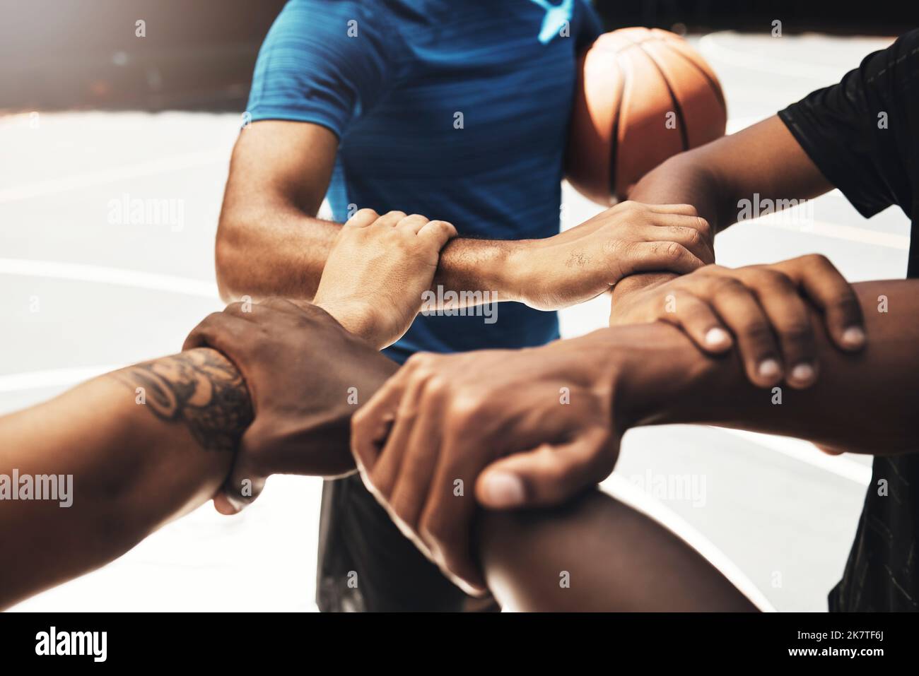 Basketball, trust and hands for sports teamwork on outdoor court for ...