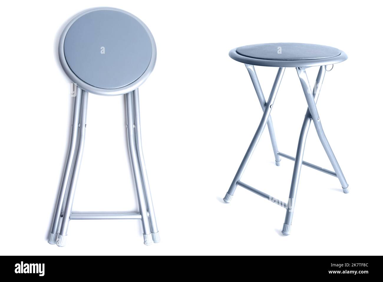 Collapsed and unfolded views of a portable gray stool isolated on white ...