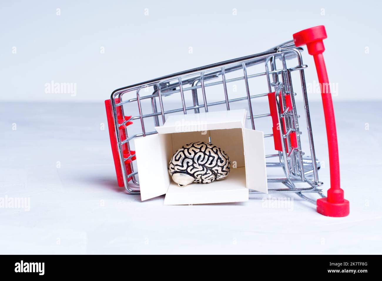 Close-up of an overturned shopping cart with a human brain inside an ...