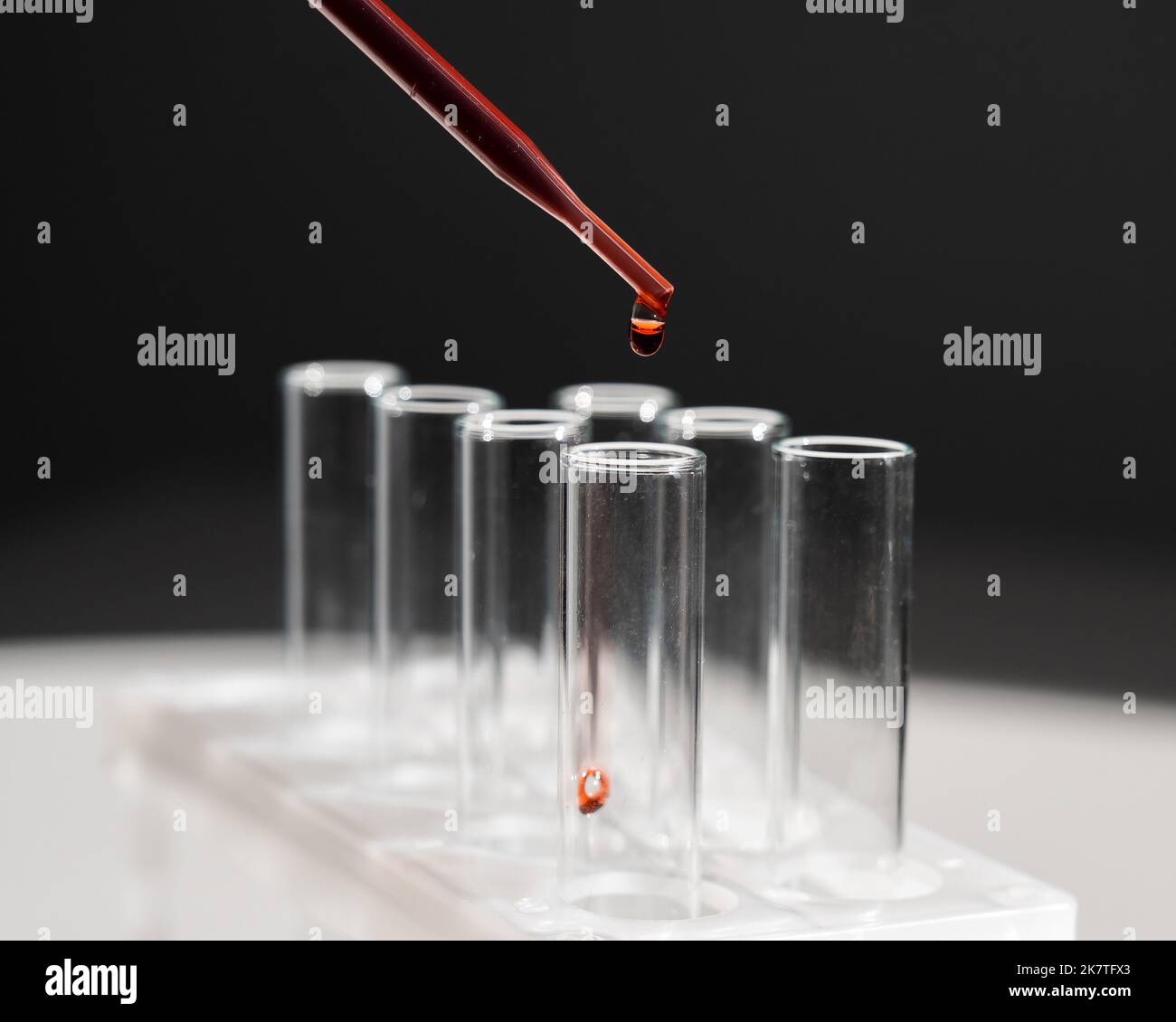 Close-up of a laboratory assistant dripping blood from a pipette into a ...