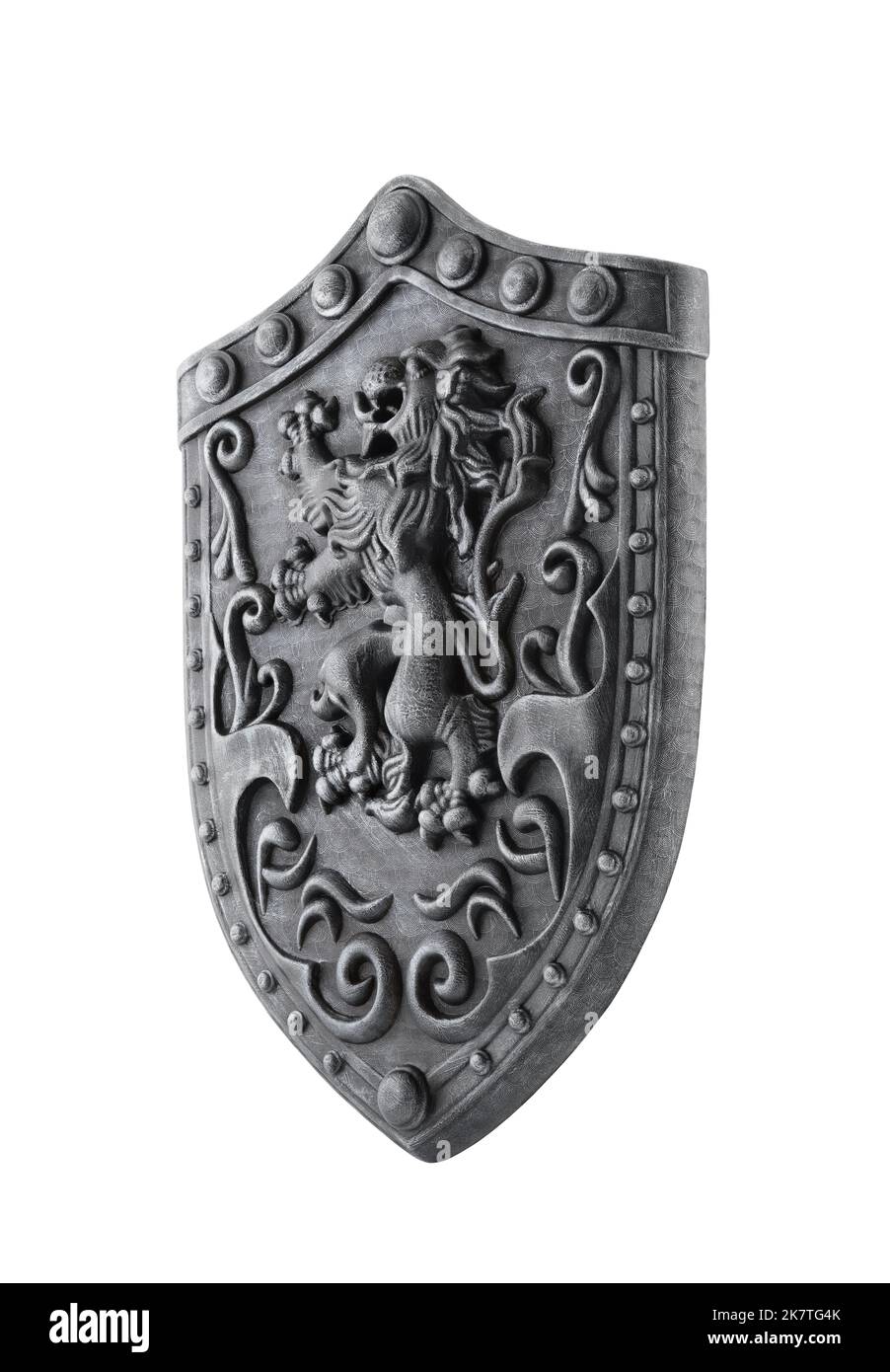Old medieval decorated shield with lion isolated on white background ...
