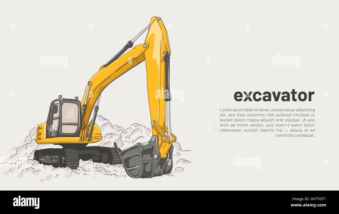 isolated excavator. heavy equipmet rough drawing with editable copy ...