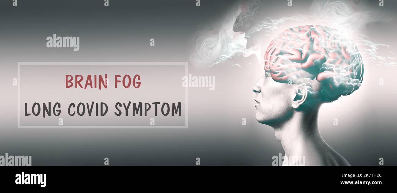 Brain fog, long covid symptom, illustration of a man with a brain ...