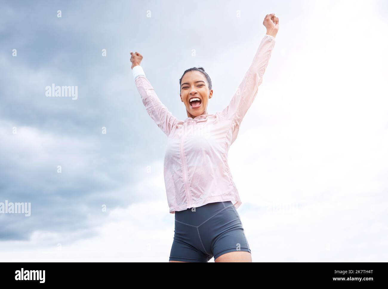 Fitness, woman and runner in victory, win or achievement for sports ...