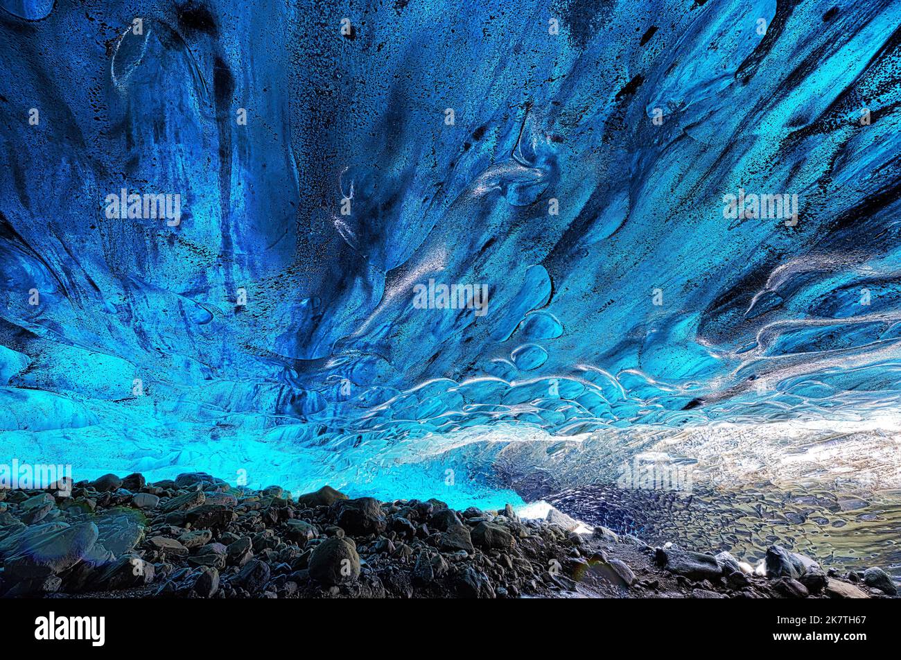 Detail of the blue glacial ice in an ice cave in Breioarmerkurjokull ...