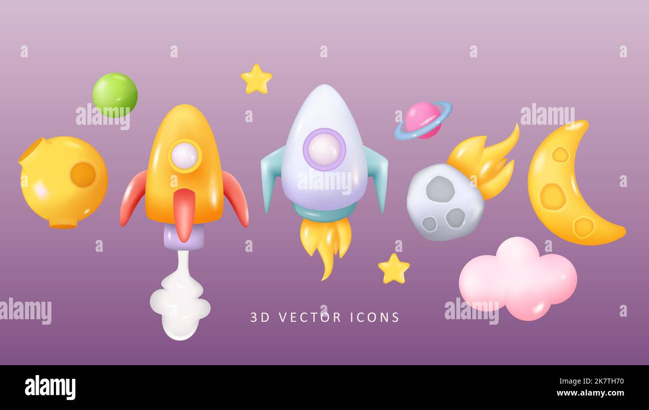 Space 3D Icon Set - Rocket, Planets, Moon, Meteorite. Realistic Glossy ...