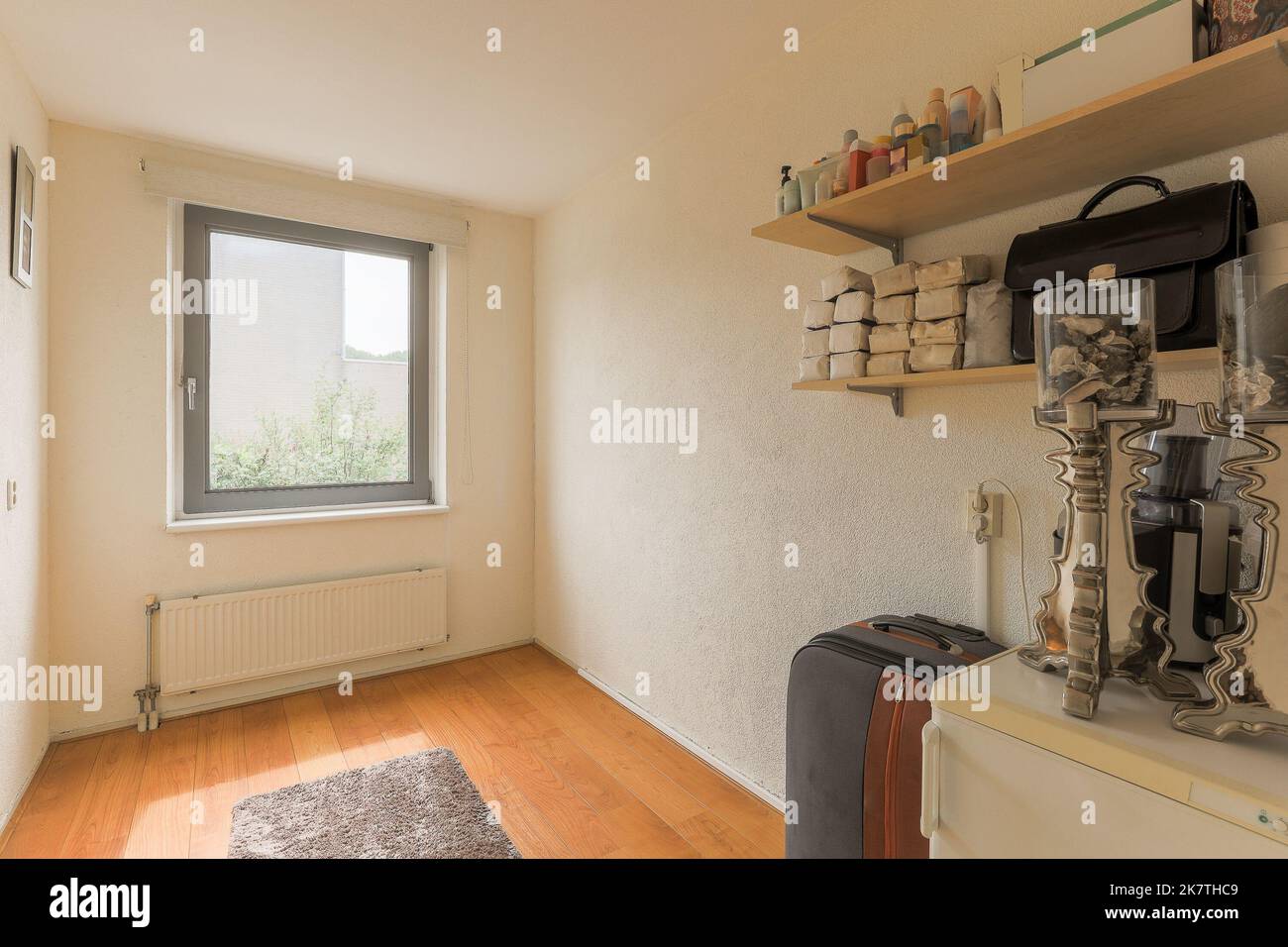 Modern cupboard and portmanteau near doors in spacious room with white ...