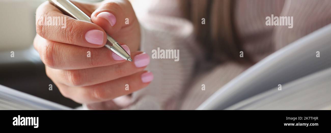 Female hand writing down ideas in personal diary, creative girl express ...
