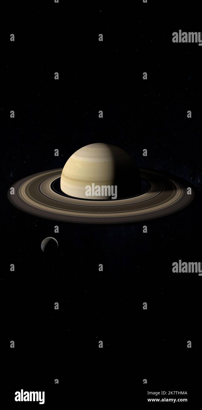 Mimas moon orbiting around the Saturn planet Stock Photo - Alamy