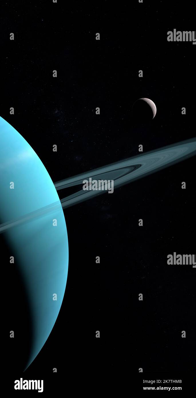 Satellite Miranda, Uranus V, orbiting around Uranus planet in the outer ...