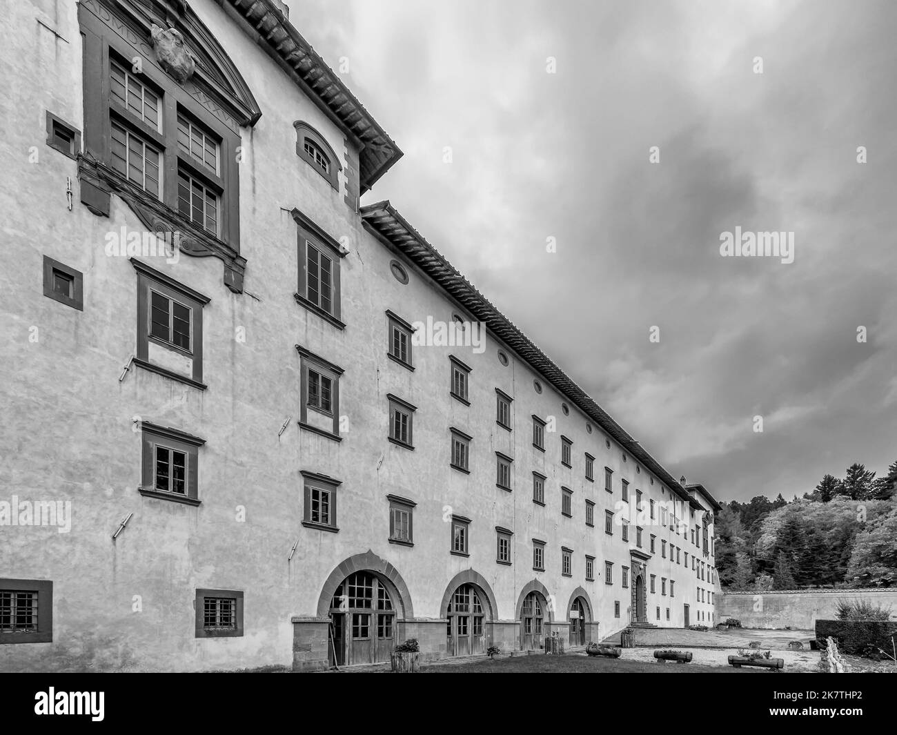A glimpse of the ancient Vallombrosa Abbey, Florence, Italy, under a ...