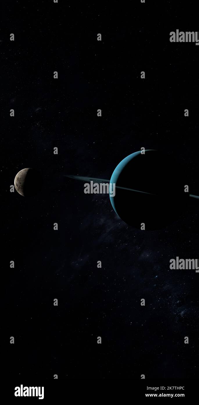 Satellite Oberon orbiting around Uranus planet in the outer space Stock ...