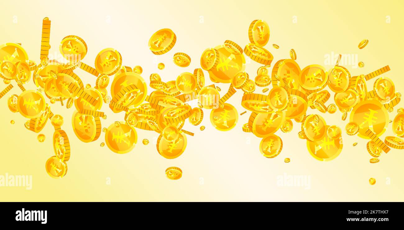 Chinese yuan coins falling. Scattered gold CNY coins. China money ...