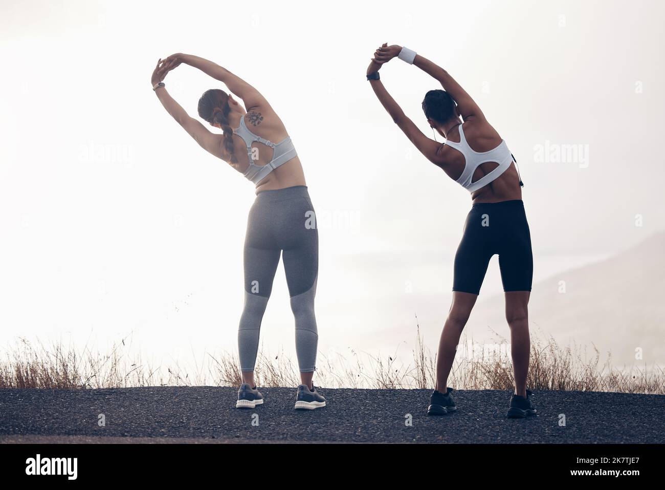 Stretching, fitness and women friends outdoor training for motivation ...