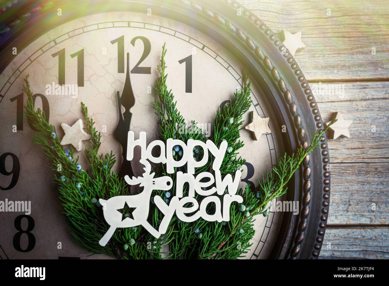 The inscription Happy New Year on the background of the clock Stock ...