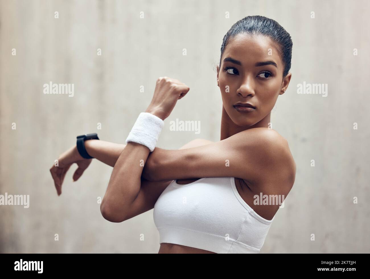 Exercise, black woman athlete and stretching for fitness, wellness and ...