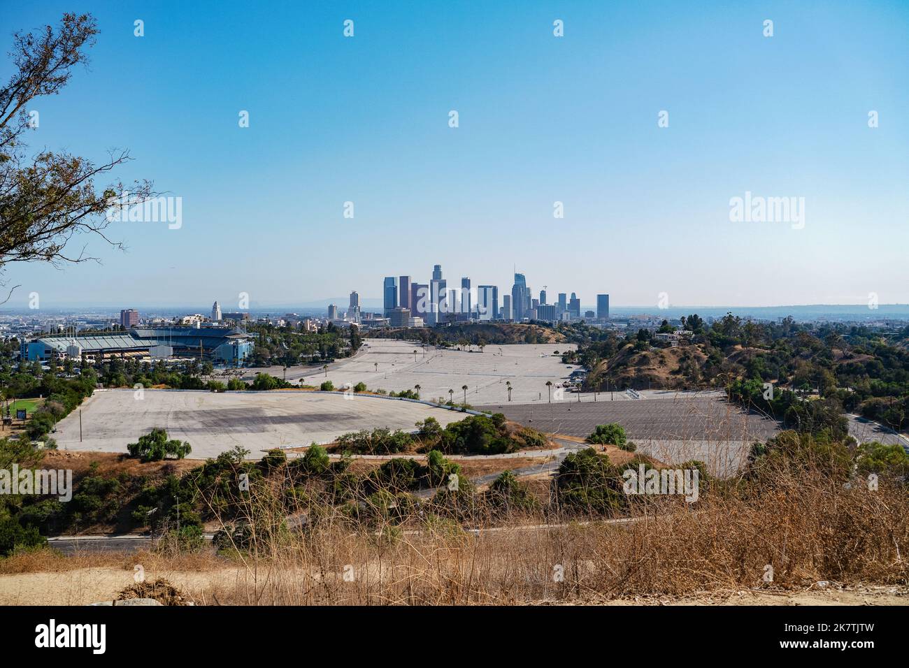 Los Angeles downtown and dodger stadium huge empty parking view from ...