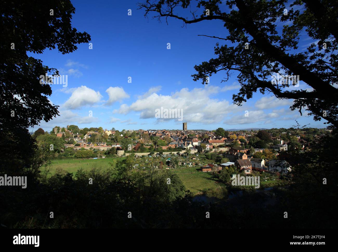 View of Ludlow town from Whitcliffe common nature reserve, Shropshire ...