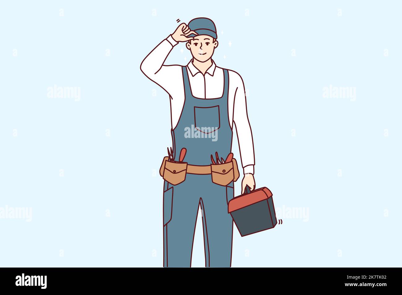 Smiling young maintenance worker in uniform with tools in hands. Happy ...