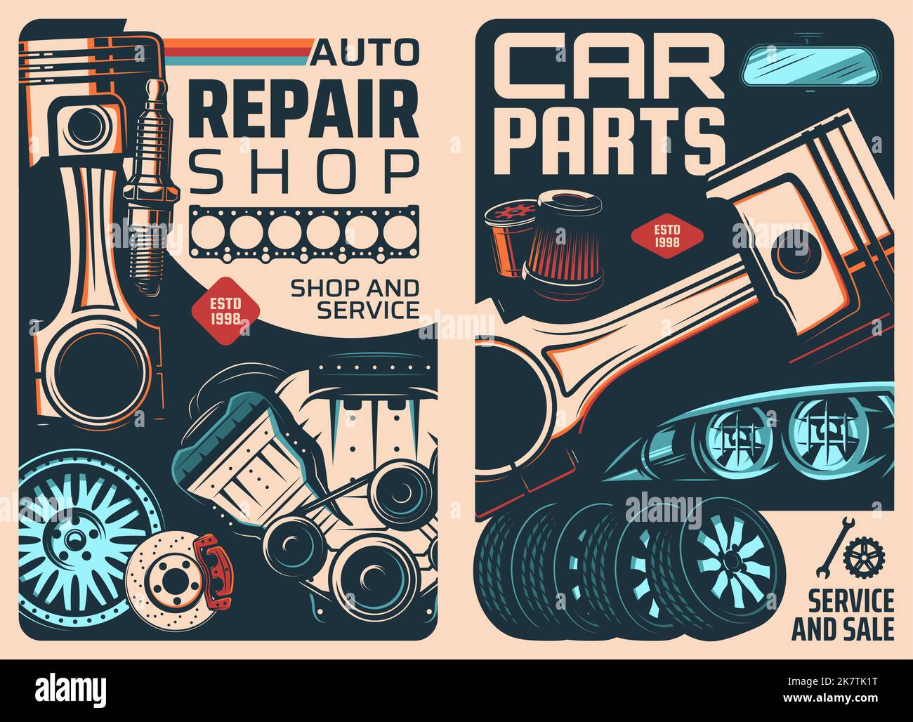 Spare parts and car service retro posters. Car maintenance shop flyer ...