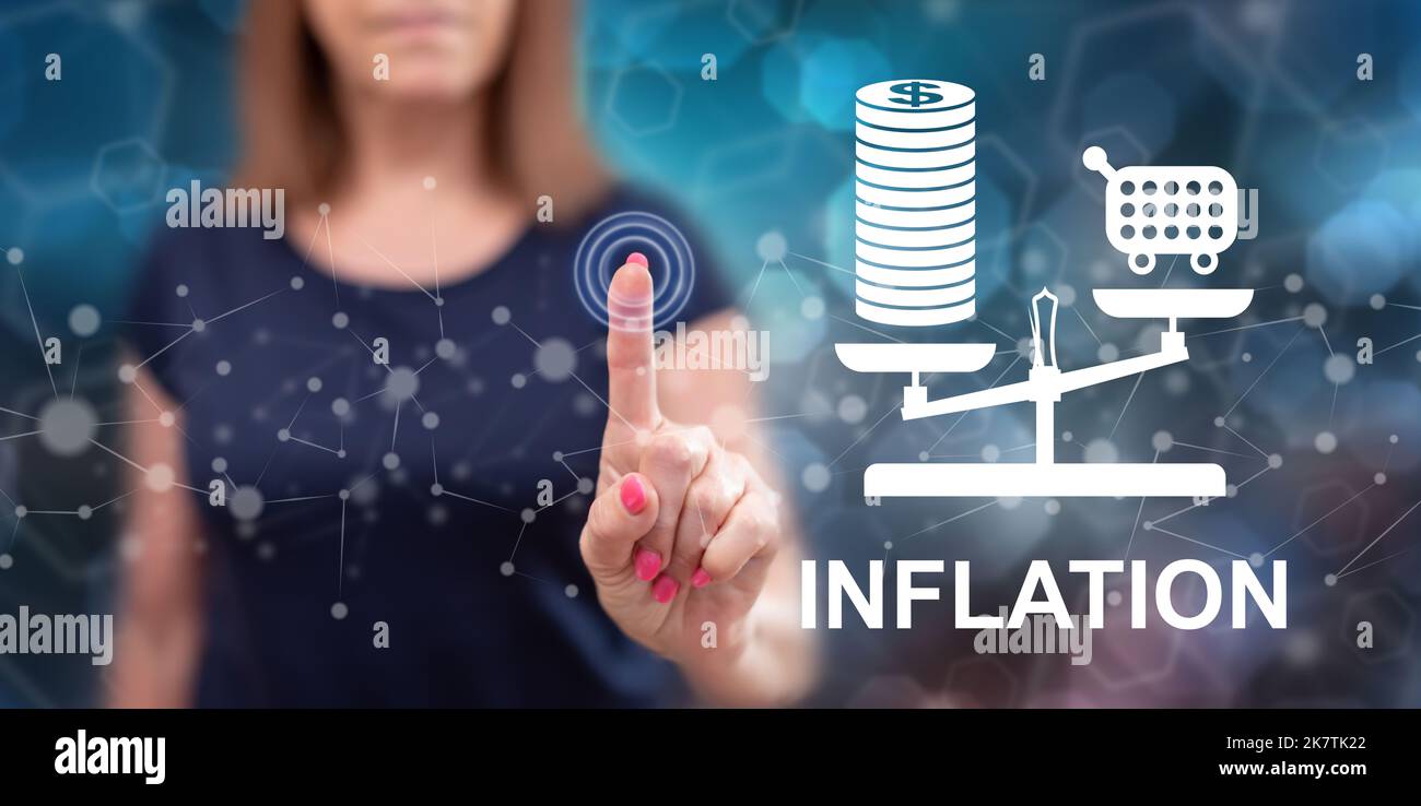 Woman touching an inflation concept on a touch screen with her finger ...