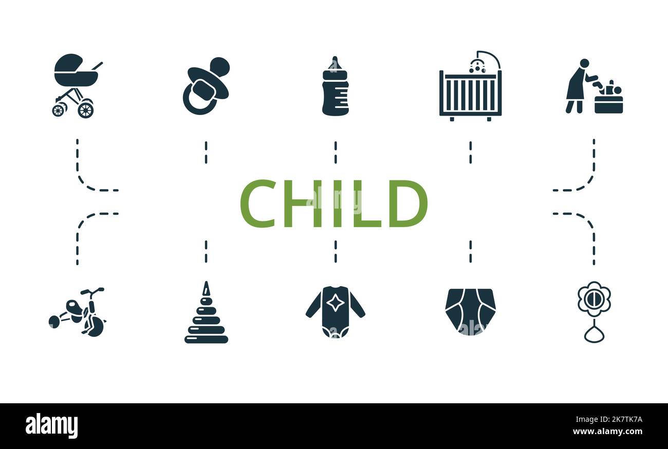 Child icon set. Monochrome simple Child icon collection. Stroller ...